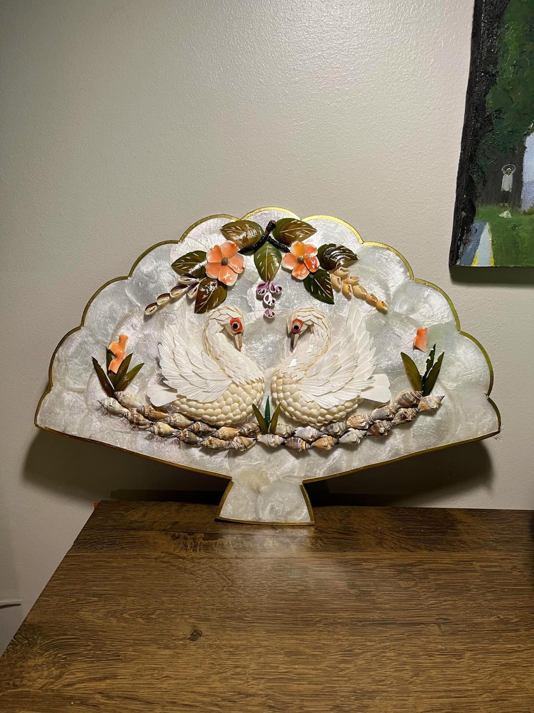 Vintage Capiz Shell Swan Fan Wall Art | Seashell Inlay | Made in the ...