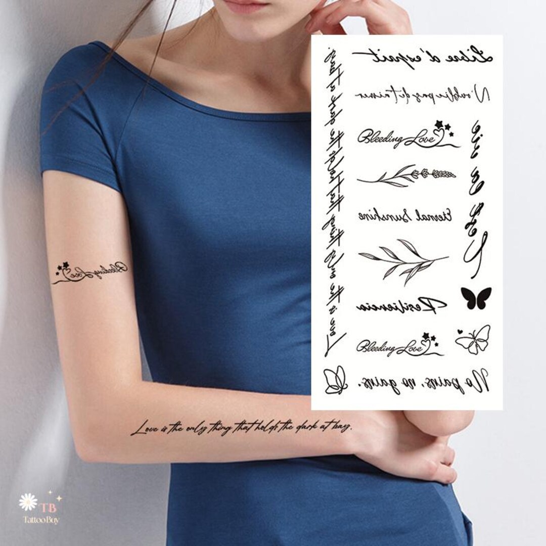 Black Letters Words Love Leaf Stars Temporary Tattoos English Word ...