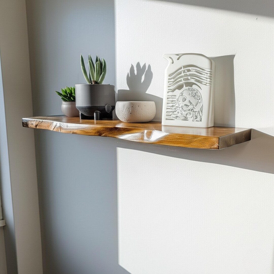 Custom Rustic Wood Floating Shelf - Natural Live Edge Wood Wall Shelf ...