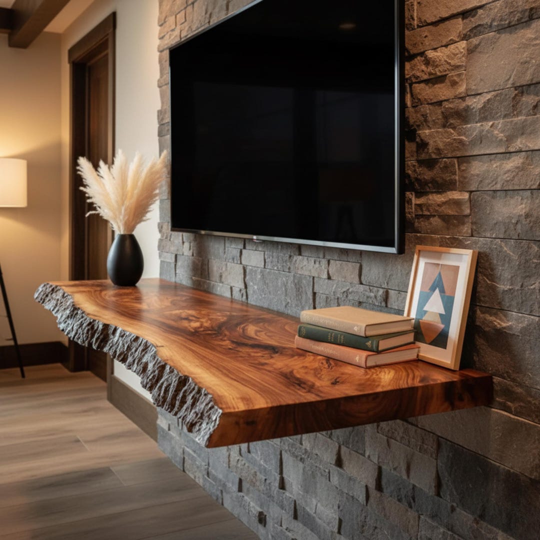 Rustic Live Edge Floating Wooden TV Stand - Rustic Live Edge TV Stand ...