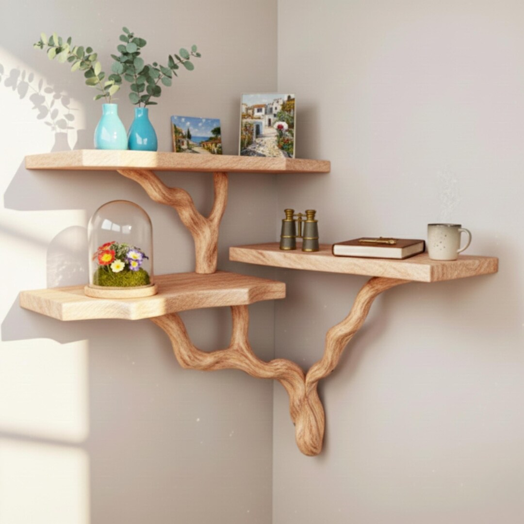 Natural Live Edge Corner Shelf - Handmade Floating Wooden Corner Unit ...
