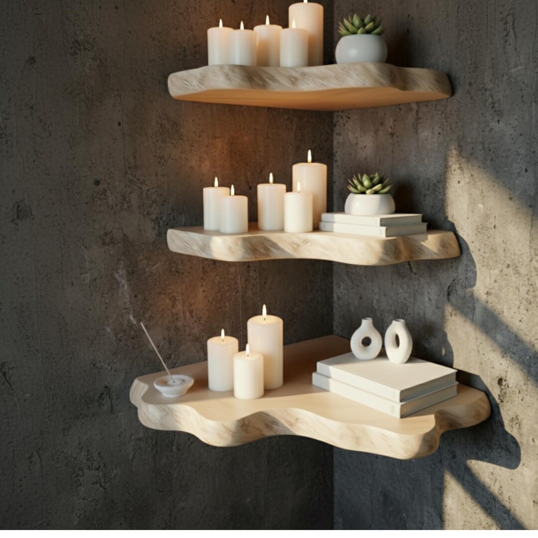 Corner Floating Wood Shelf - Rustic Live Edge Corner Shelf - Rustic ...
