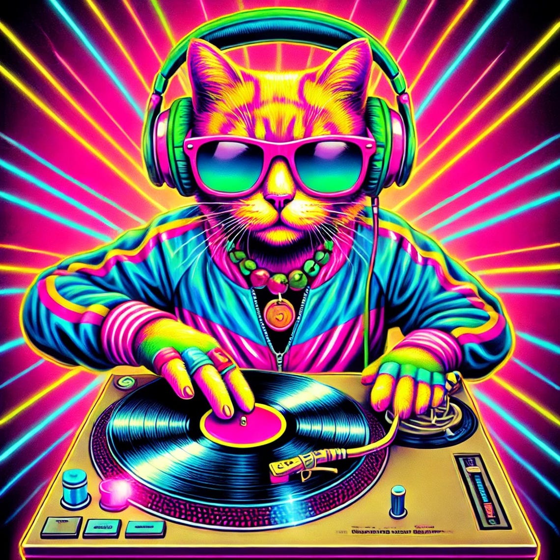 Neon DJ Cat Wall Art Retro Pop Digital Print Cool Cat Poster for Music ...