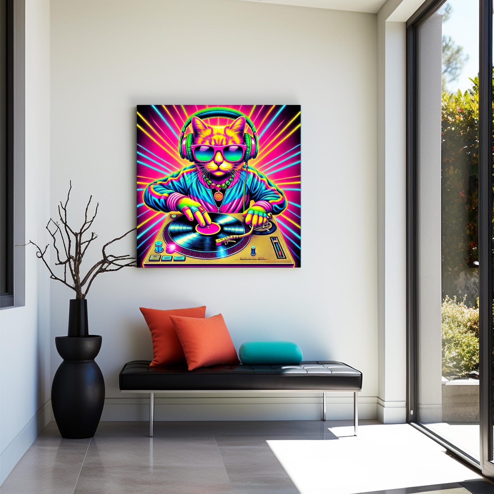 Neon DJ Cat Wall Art Retro Pop Digital Print Cool Cat Poster for Music ...