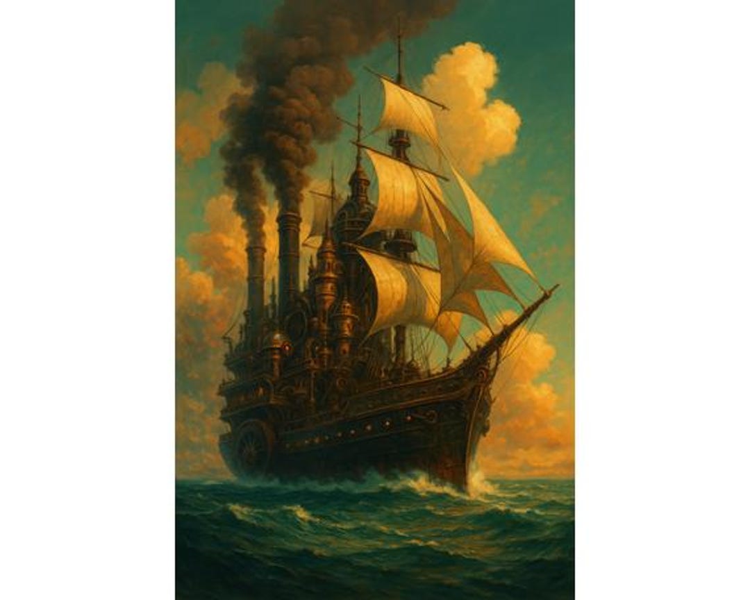 Steampunk Ship Digital Art Print - Nautical Industrial Wall Decor ...