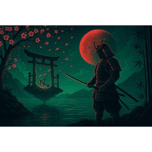 Neo-japanese Samurai Wall Art – Red Moon Surrealist Digital Print ...