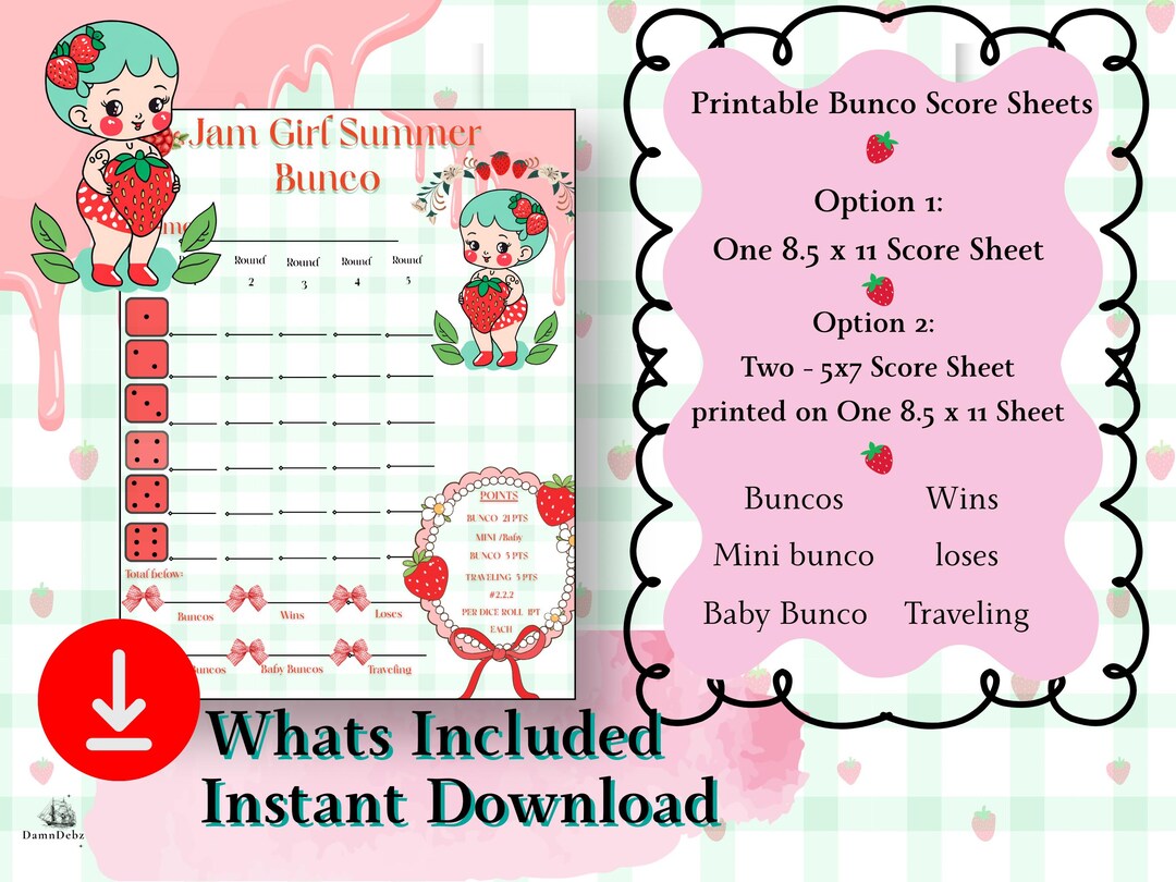 Jam Girl Summer Bunco Score Sheet: Retro Kawaii Printable (instant ...