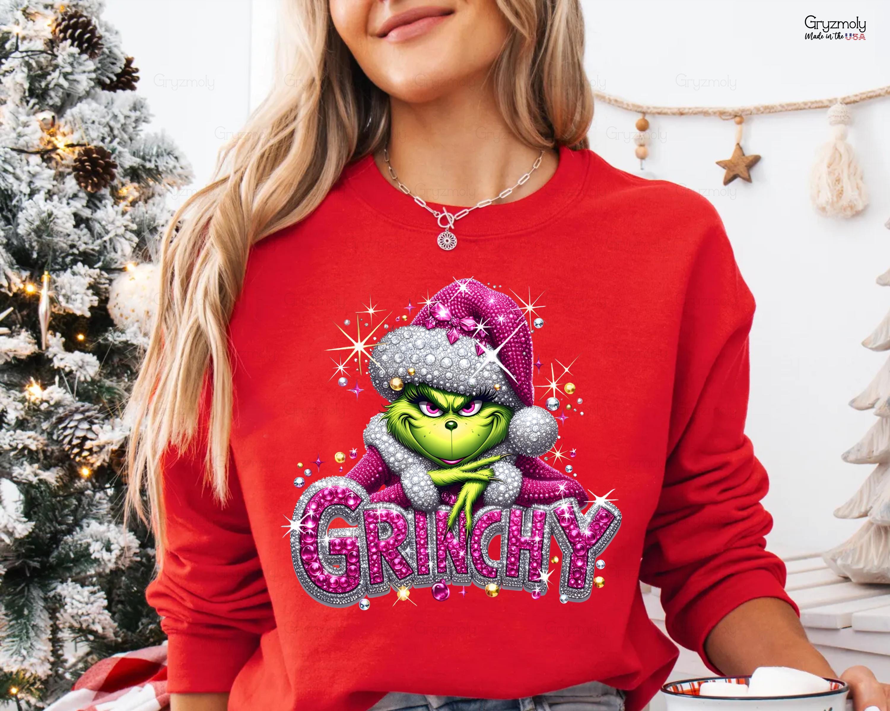 Pink Grinchy Christmas Shirt, Funny Holiday Shirt for Women, Sparkly ...