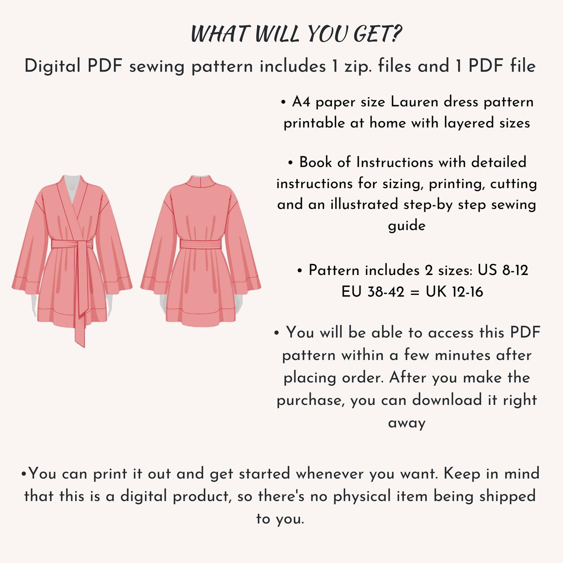 Kimono Robe Dress Sewing Pattern | PDF Digital Sewing Pattern for Women ...