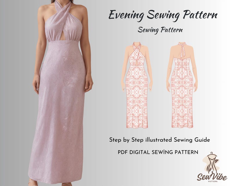 Evening Dress Sewing Pattern PDF | Halter Neck Maxi Dress Pattern ...