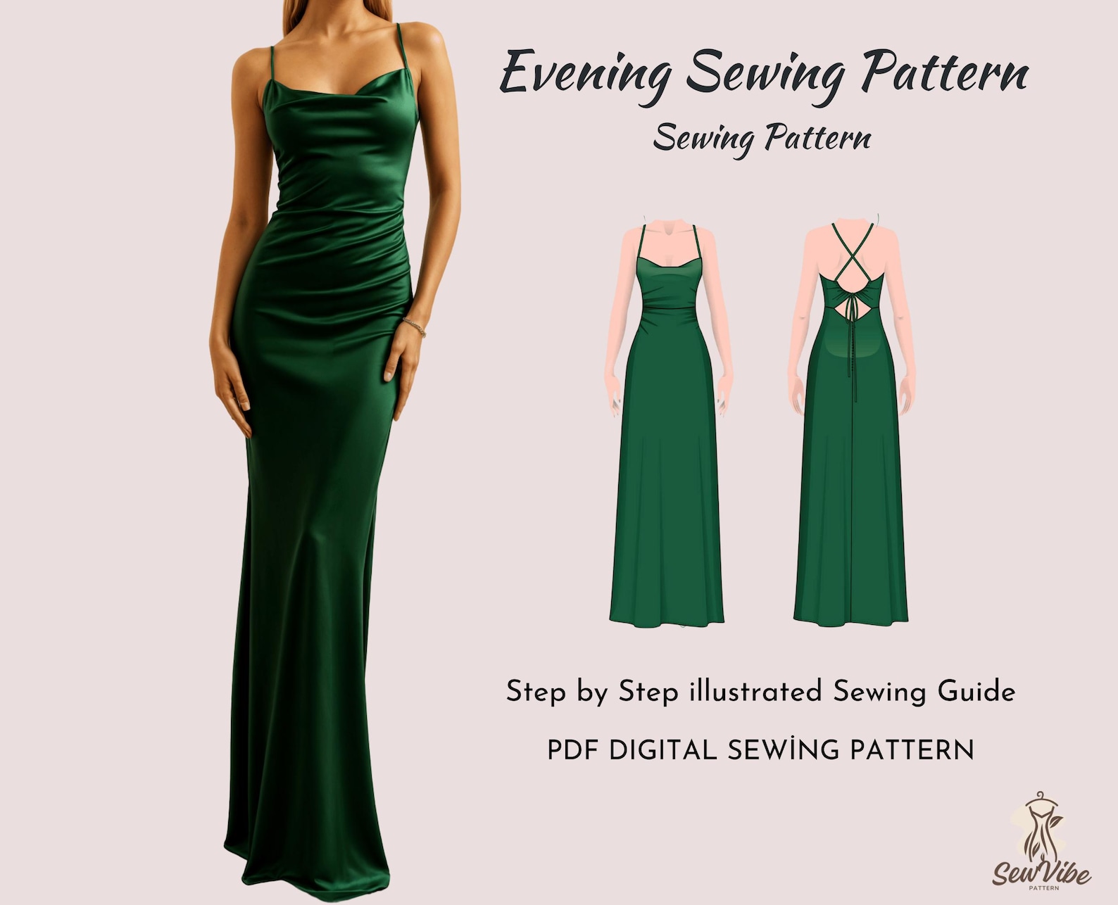 Evening Dress Pattern | Midi Dress Sewing Pattern Satin Dress Pattern ...