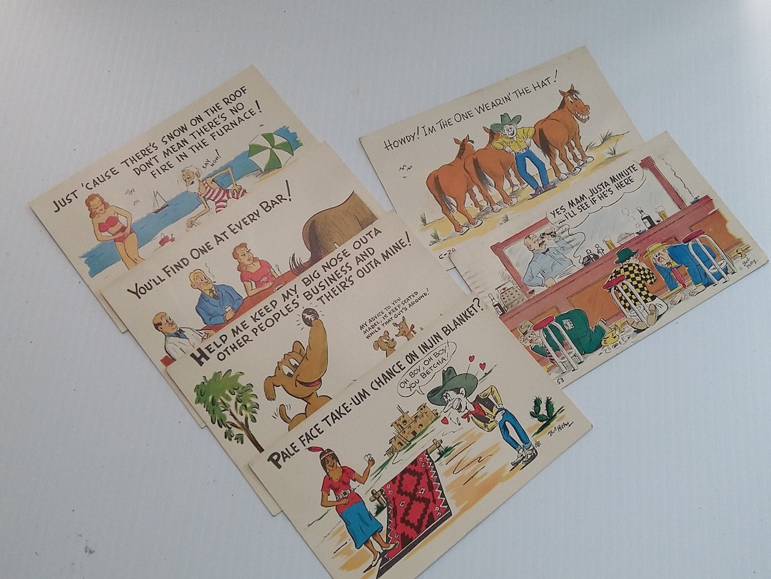 Lote vintage de (6) postales cómicas de Bob Petley, postales de bocetos ...