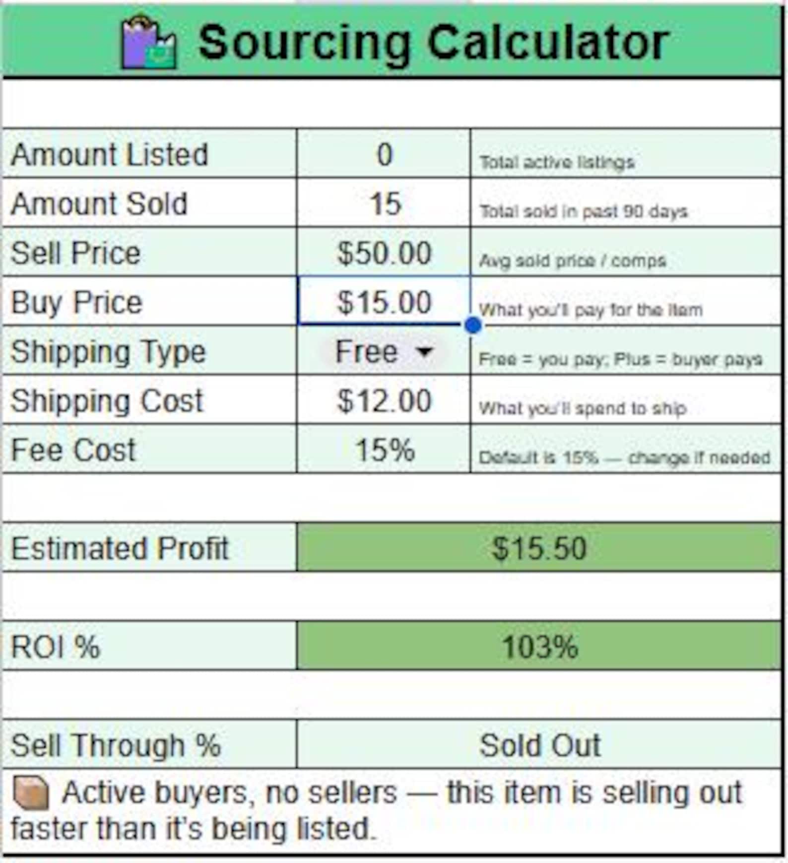 Sourcing Calculator for Resellers | Sell Through Rate & ROI Tracker ...