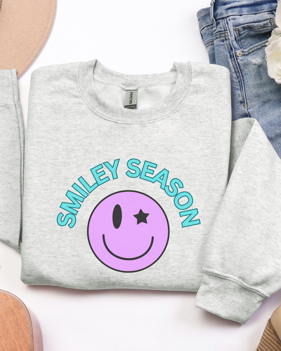Smiley Season Sweatshirt | Positive Vibes Crewneck, Gildan 18000 ...