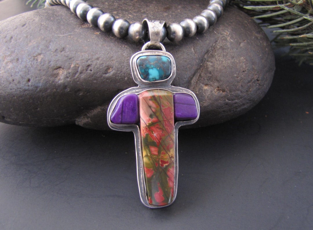 Sugilite, Jasper and Turquoise Sterling Silver Tri Color Angel Cross ...