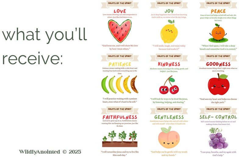 Fruits of the Spirit Poster Set for Kids | Christian Wall Art Printable ...