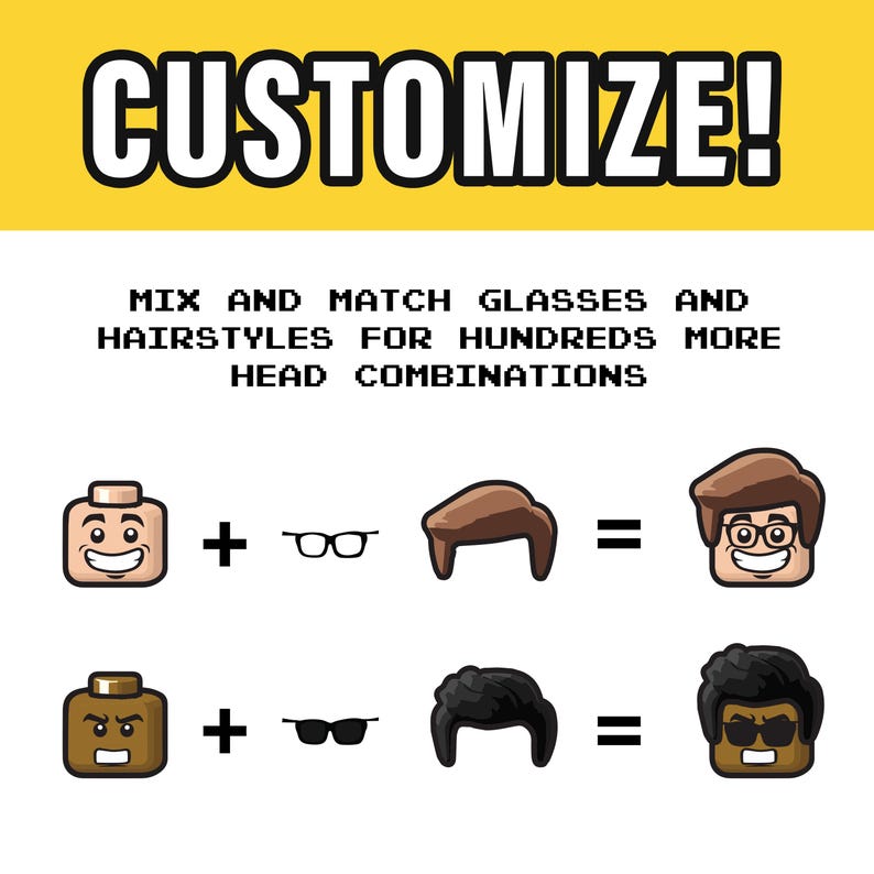 Brick Character Heads SVG Bundle: 900+ Clipart Faces, Hair, Skin Tones ...