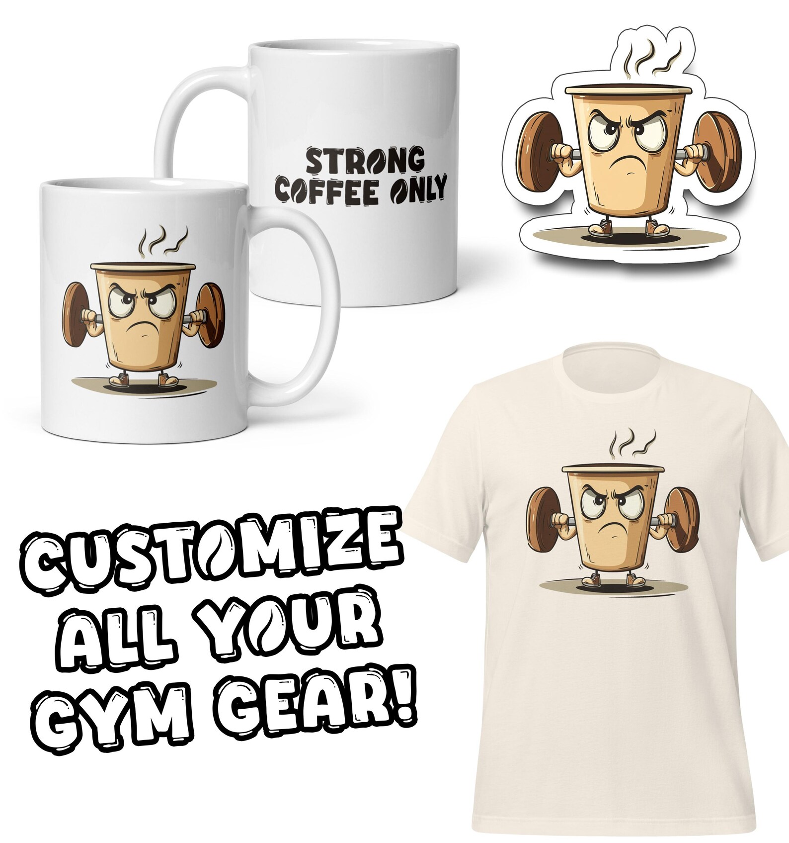 Funny Coffee Lifting Weights PNG: Strong Coffee Only Clipart - Etsy