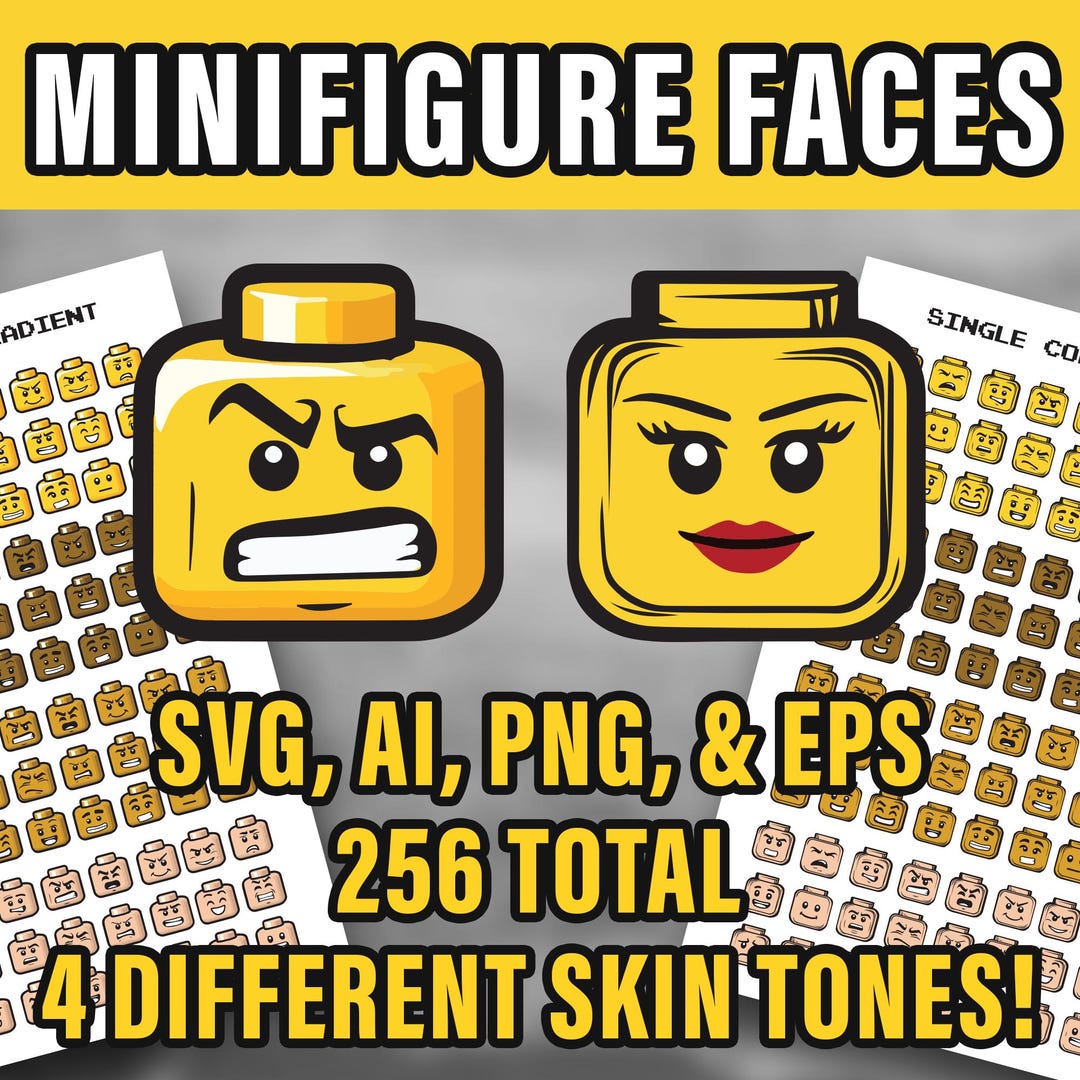 256 Minifigure Character Heads & Faces SVG, PNG Bundle | 2 Styles, 4 ...