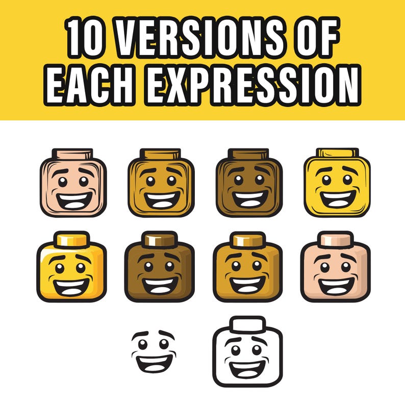 Brick Character Heads SVG Bundle: 900+ Clipart Faces, Hair, Skin Tones ...
