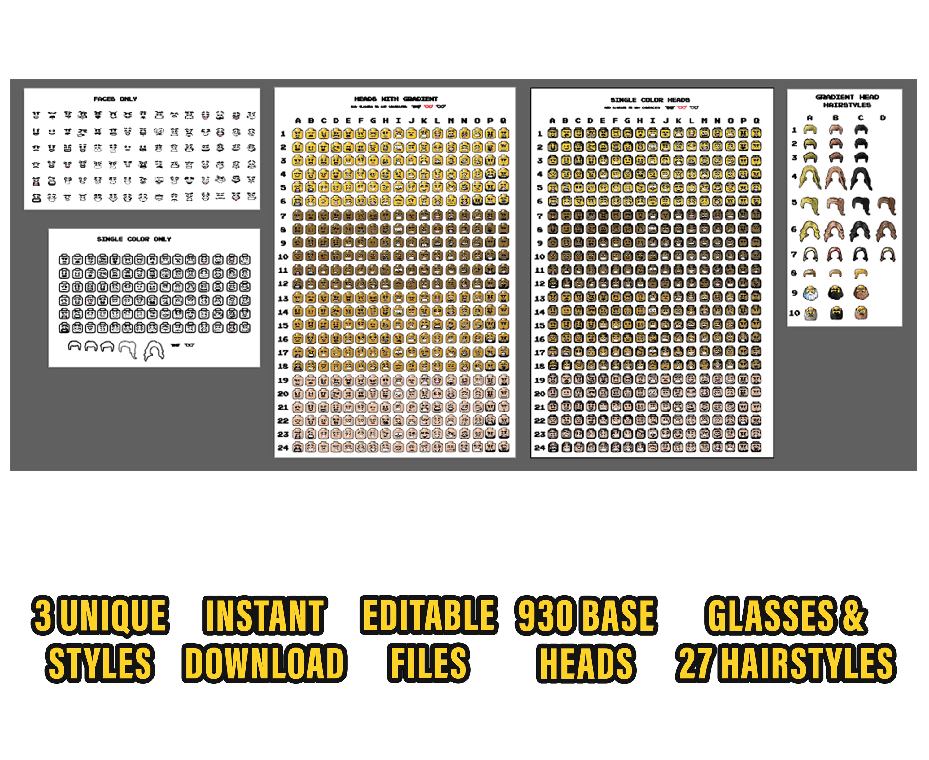 Brick Character Heads SVG Bundle: 900+ Clipart Faces, Hair, Skin Tones ...