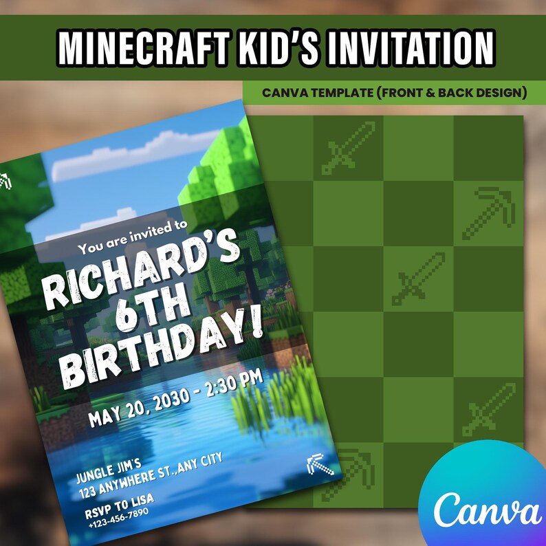 Minecraft Birthday Invitation Canva Template (5x7) | Editable Digital ...