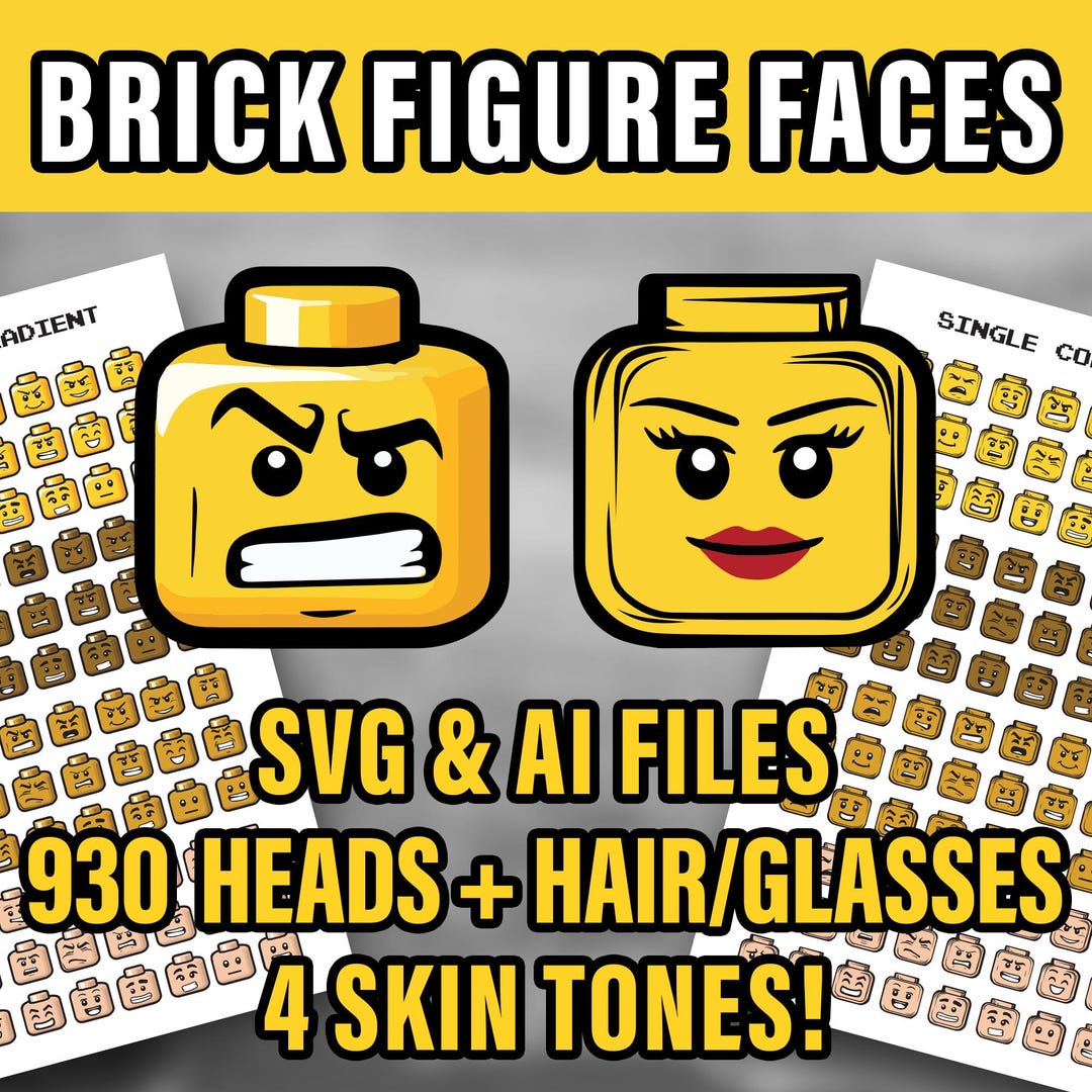 Brick Character Heads SVG Bundle: 900+ Clipart Faces, Hair, Skin Tones ...