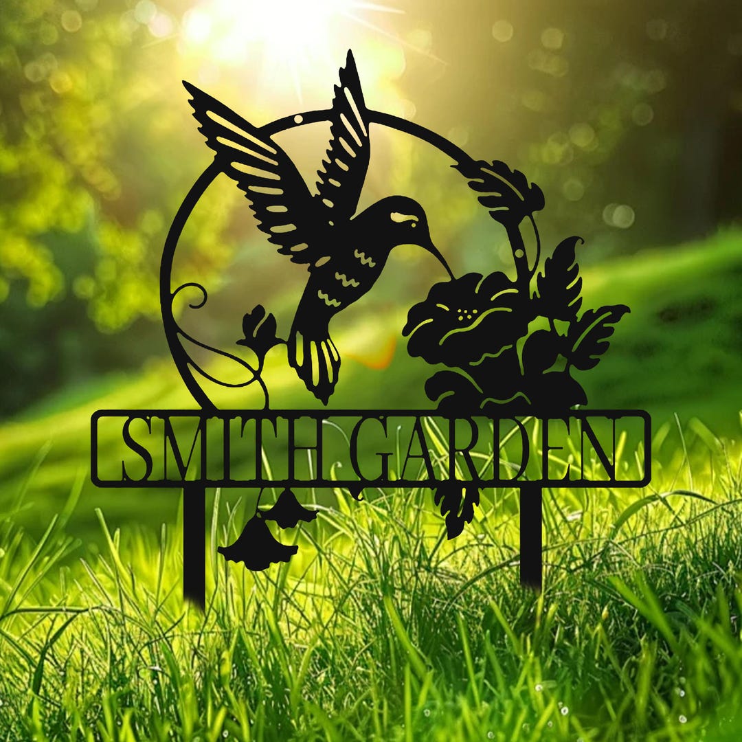 Custom Metal Garden Sign | Hummingbirds With Flower Stakes | Garden Art ...