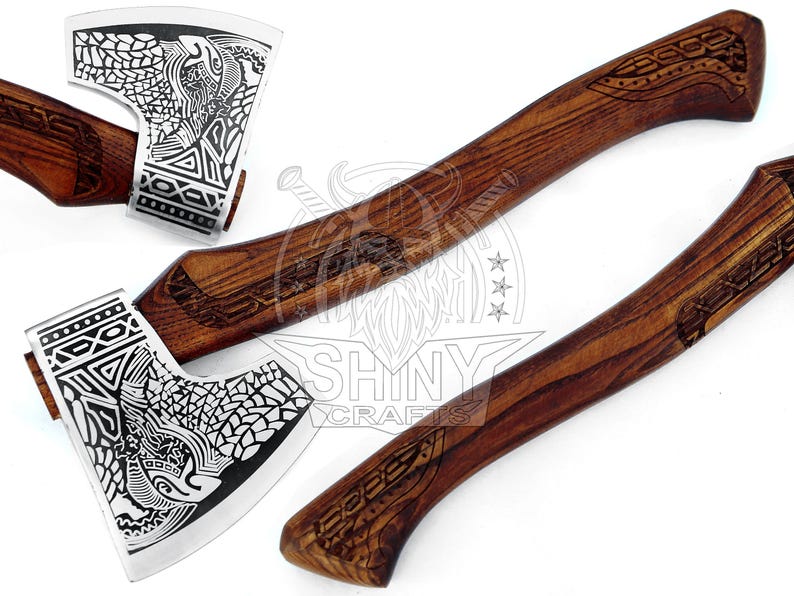 Handmade Engraved Carbon Steel Axe, Norse Hatchet With Leather Sheath ...