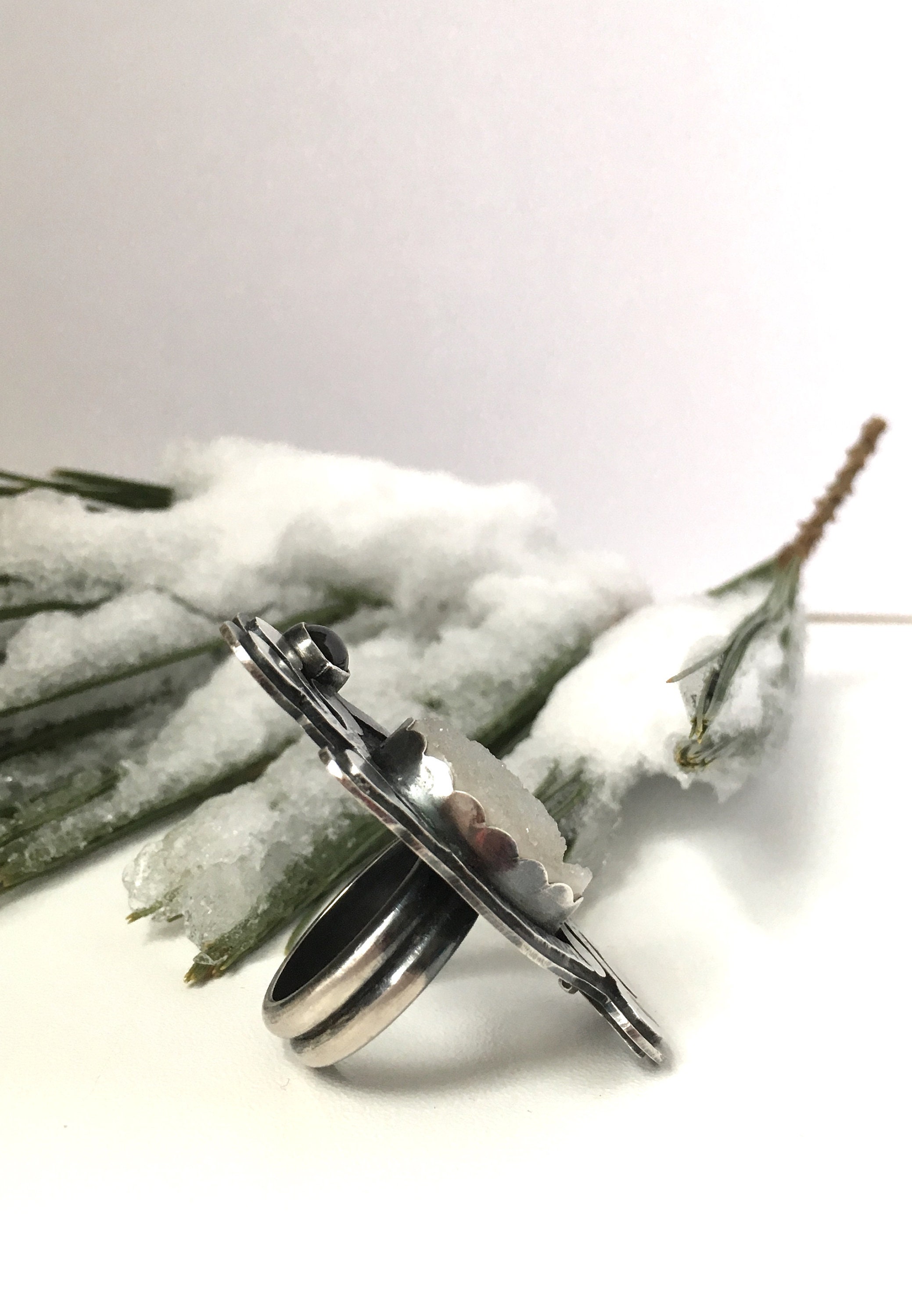 Snowfall Ring White Druzy and Garnet Ring in Sterling - Etsy