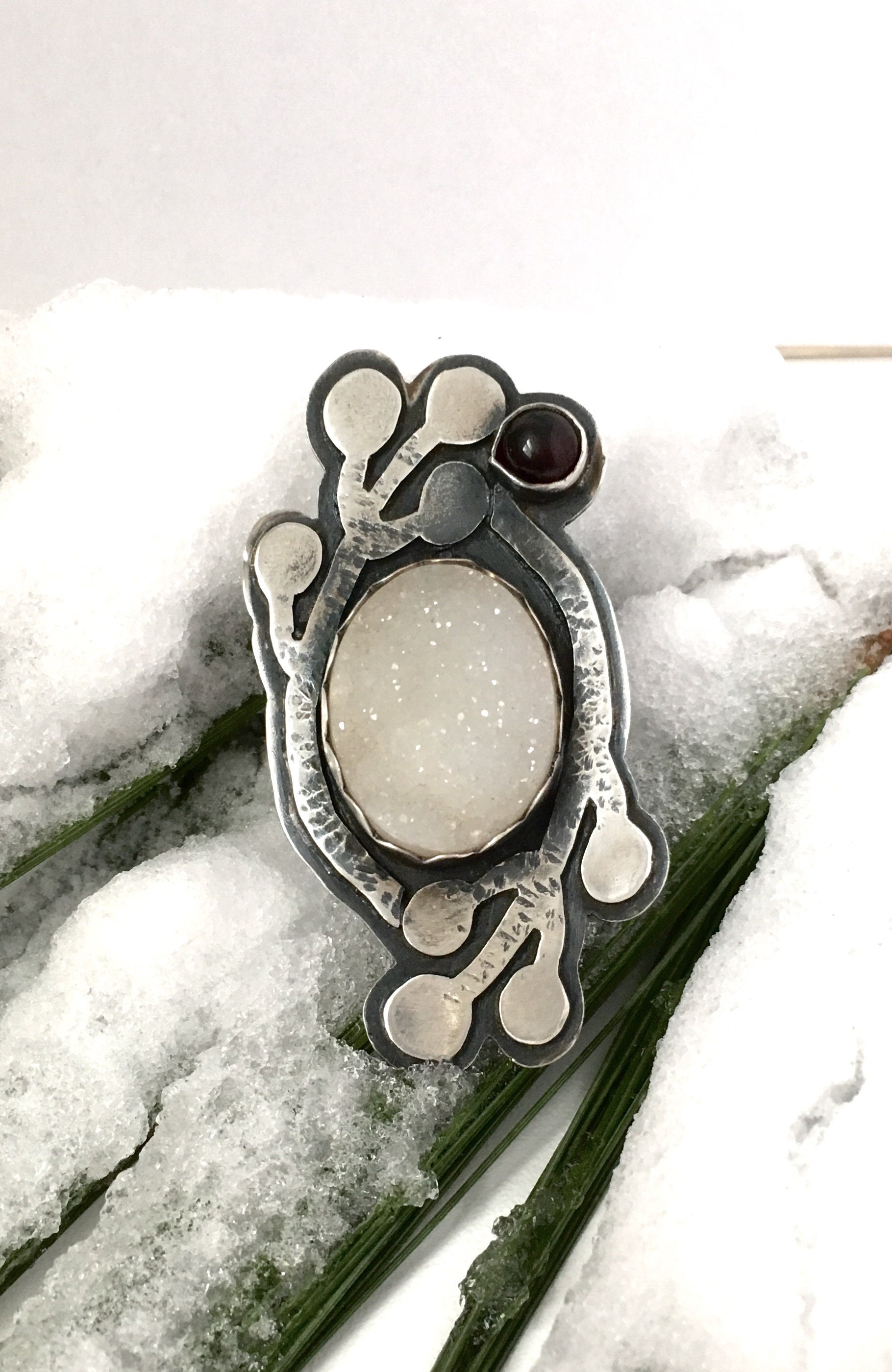 Snowfall Ring White Druzy and Garnet Ring in Sterling - Etsy