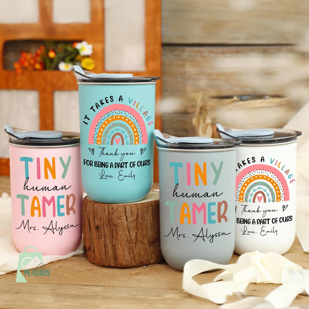 Custom Tiny Human Tamer Tumbler, Handle Gift for Preschool Teacher ...