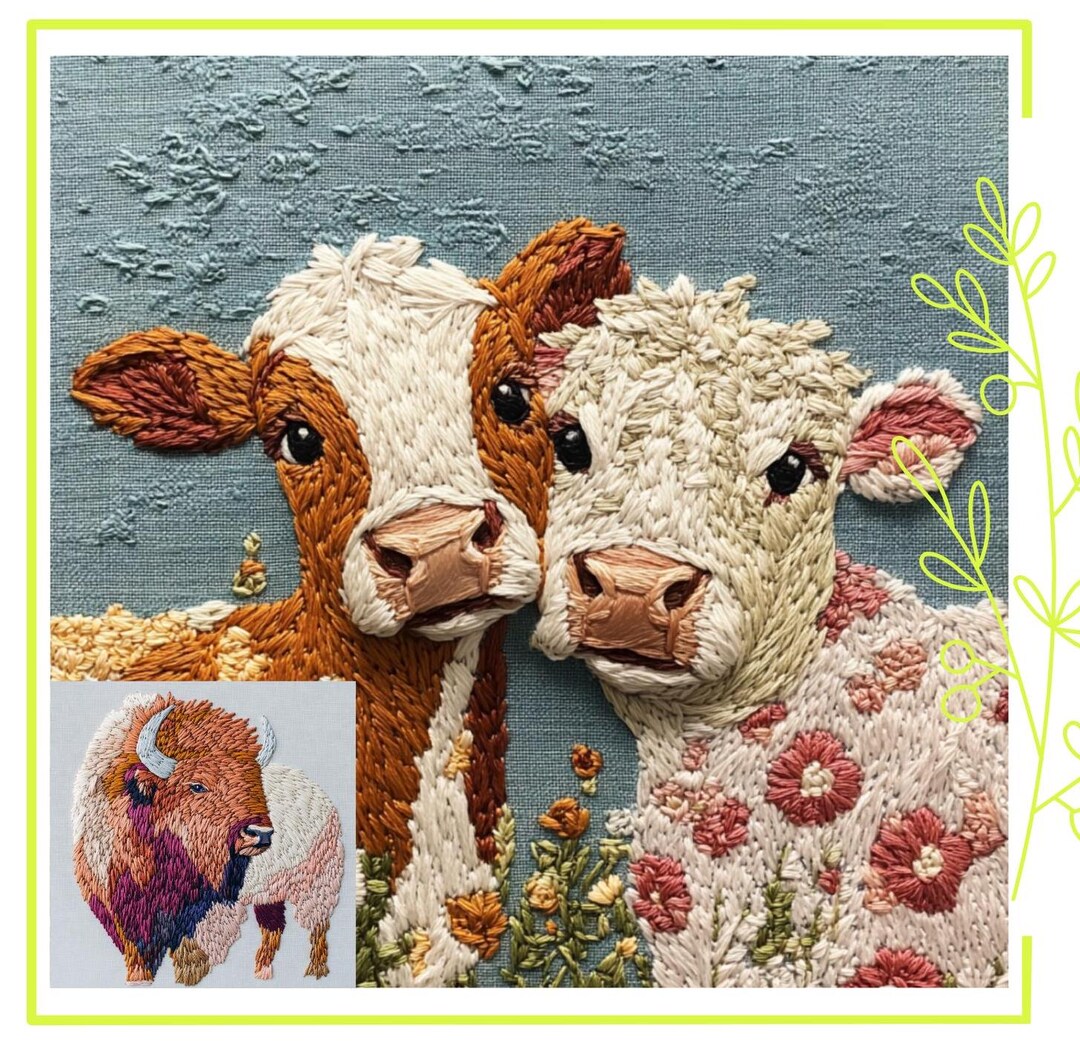 Cow and Bison Hand Embroidery Patterns on Stick and Stitch Paper | Cute ...