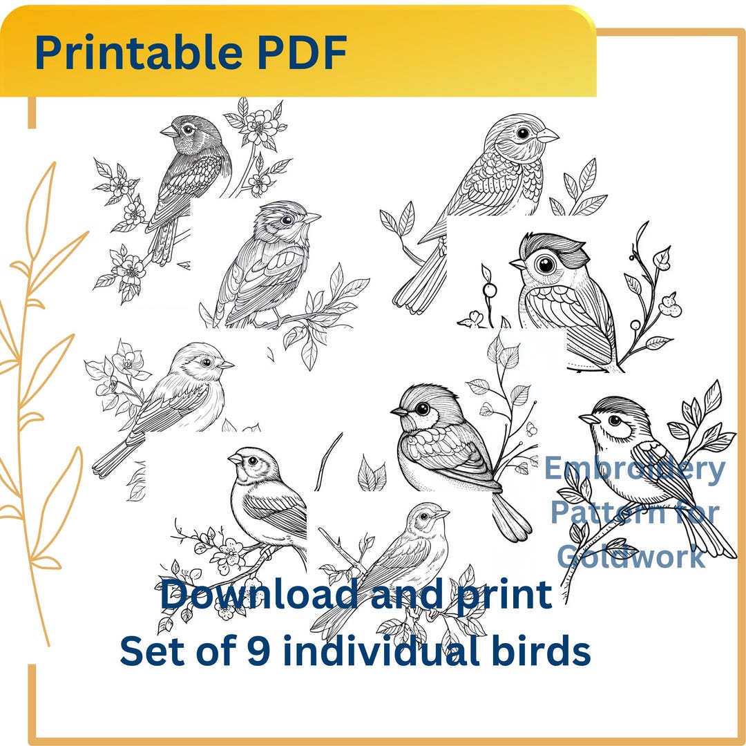 Set of 9 Bird Patterns for Goldwork Embroidery and Other Embroidery ...