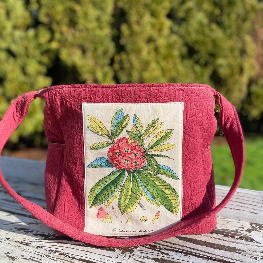 Rhododendron Cattleya Floral Tote, Red Quilted Tote With Flowers, Large ...