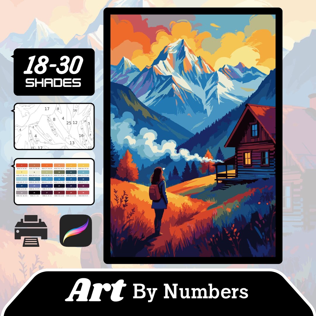 Mountain Landscape Color by Number, Printable Pages, Procreate Swatches ...