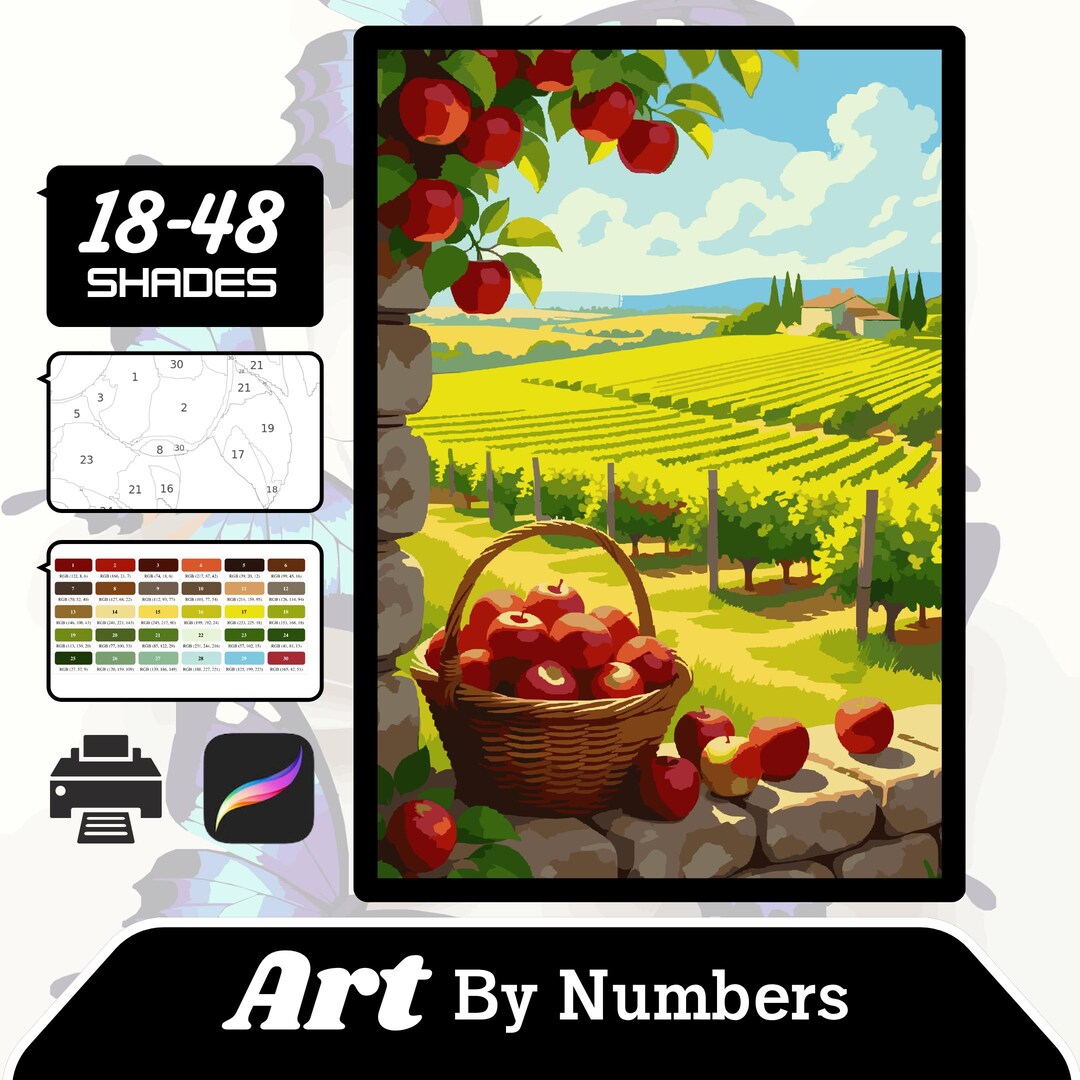 Apple Orchard Color by Number Printable, Landscape Art, Procreate, PDF ...