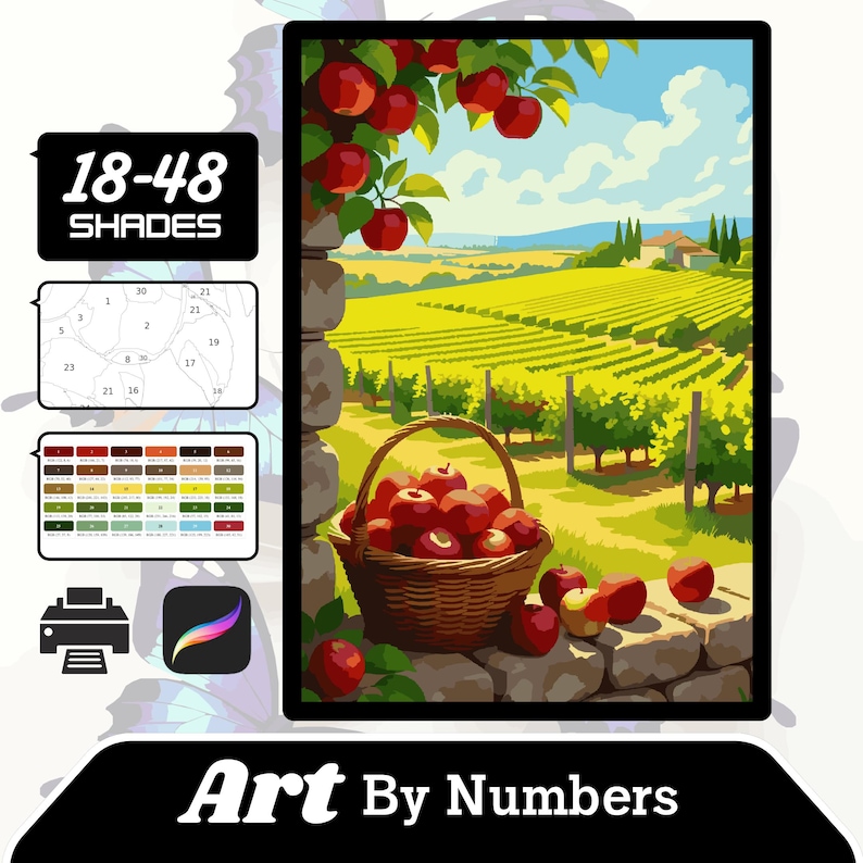 Apple Orchard Color by Number Printable, Landscape Art, Procreate, PDF ...