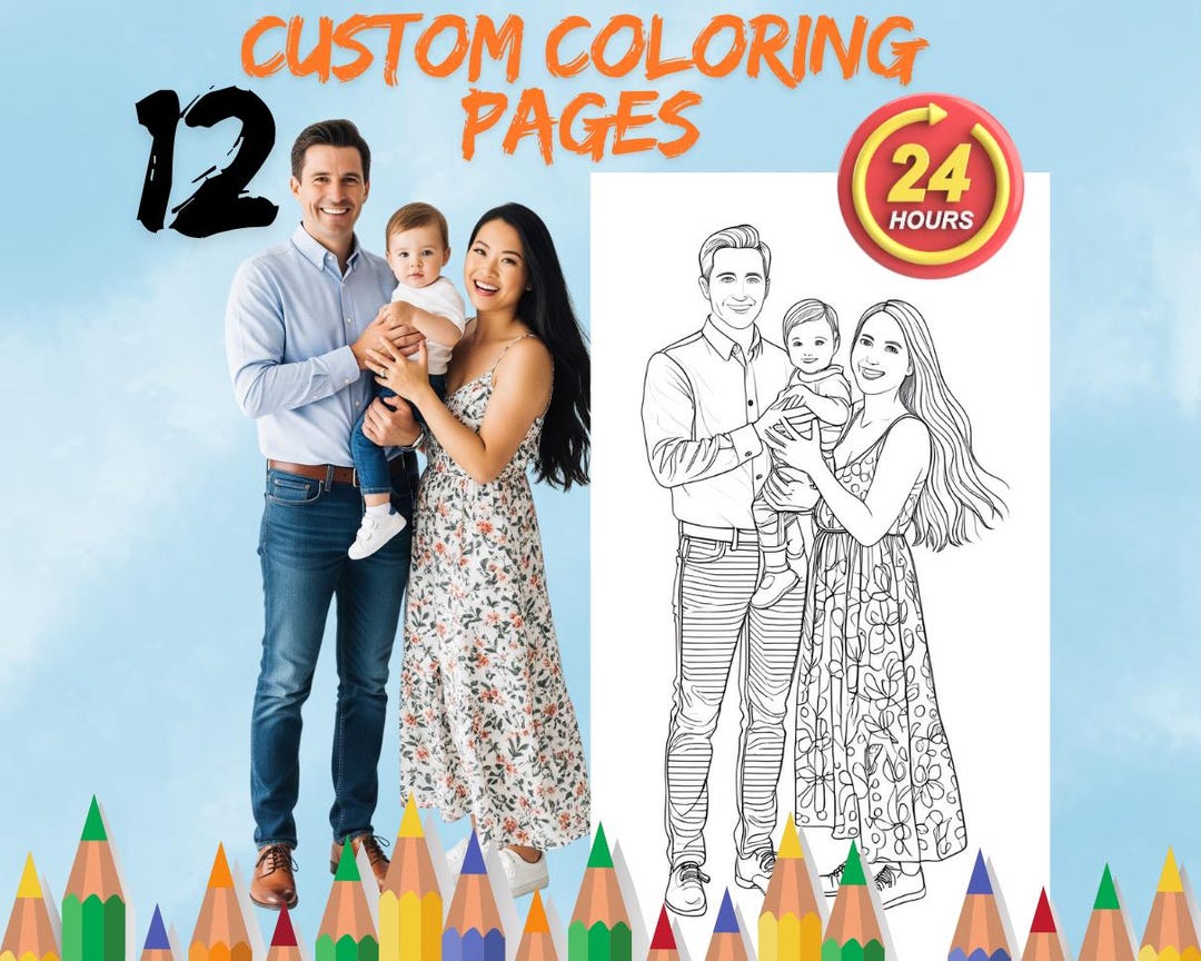 Custom Photo Coloring Pages, 12 Page Bundle, Personalized Keepsake ...