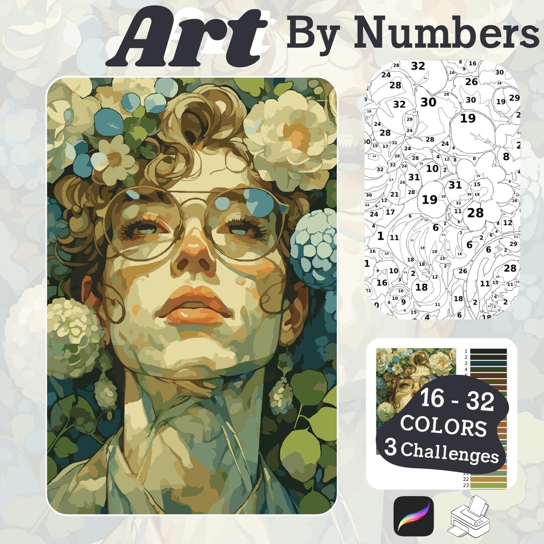 Floral Gaze - Paint by Number - Digital & Printable - 3 Levels - Etsy