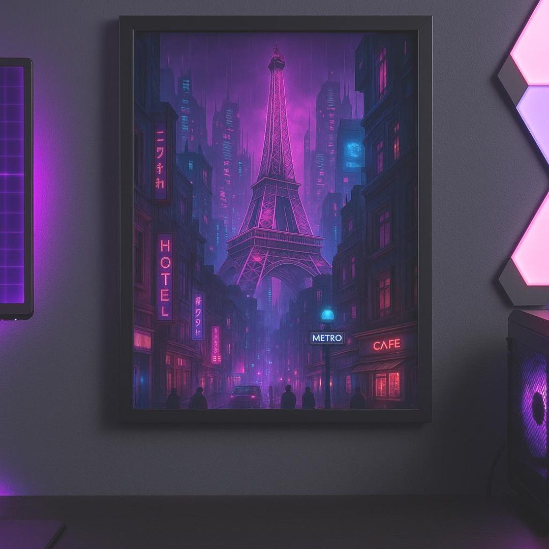 Cyberpunk Paris Wall Art – 8.5x11 Digital Download, Neon Eiffel Tower ...