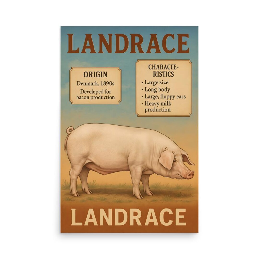 Landrace Pig Wall Art Poster - Swine Breed - Pig Breed - Farmer Poster ...