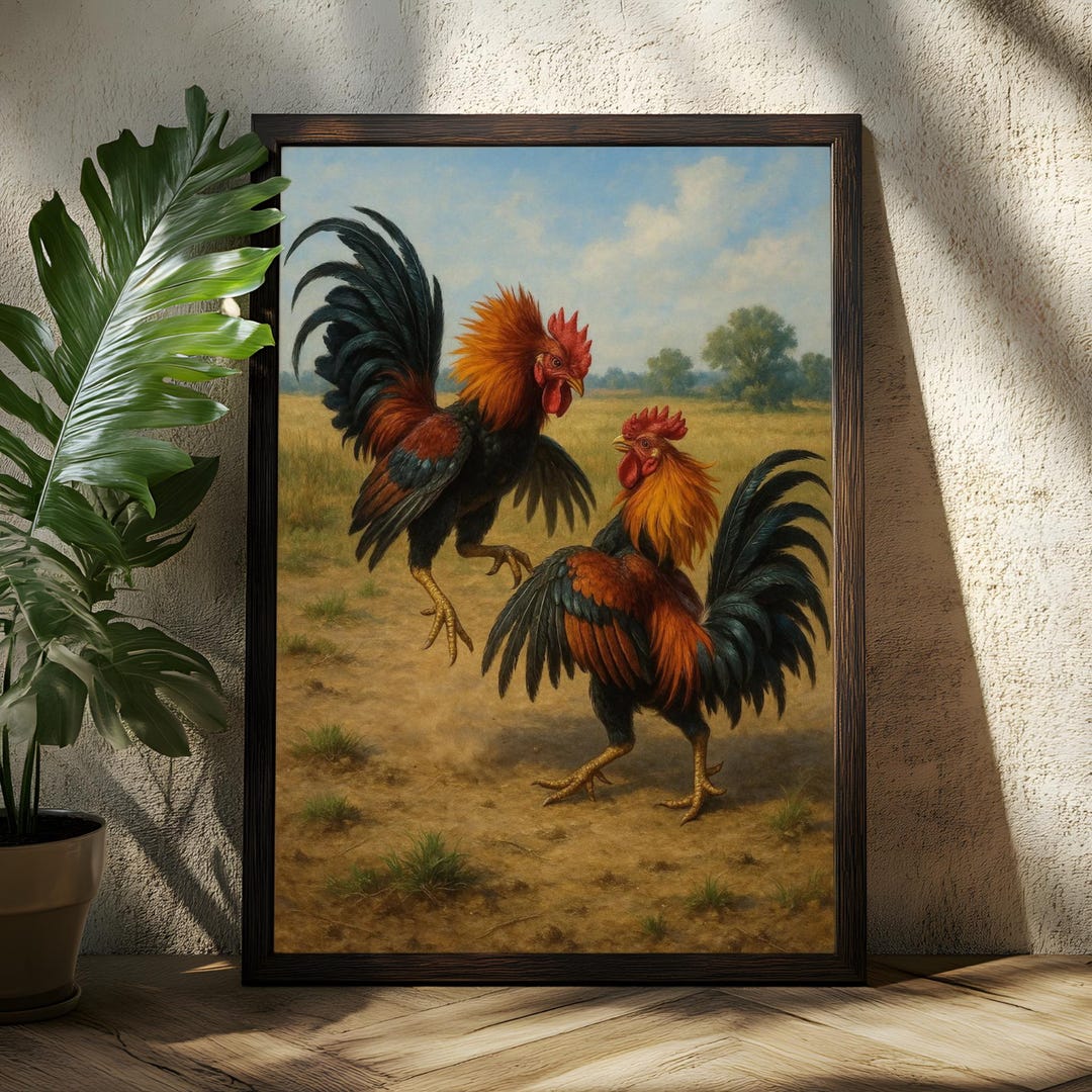 Rooster Wall Art Poster - Roosters Fighting - Rooster Wall Decor ...