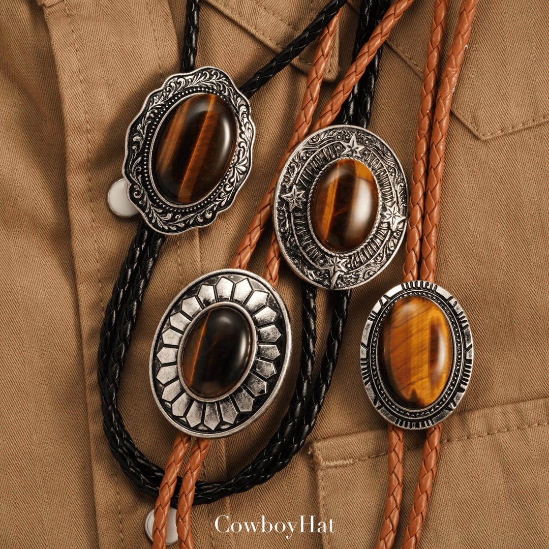 Tiger Eye Bolo Tie: Vintage Silver Cowboy Necktie Braided Leather Cord ...
