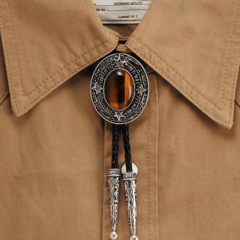 Tiger Eye Bolo Tie: Vintage Silver Cowboy Necktie Braided Leather Cord ...