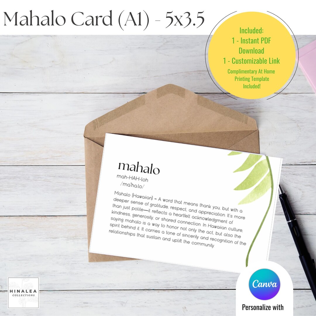 Mahalo Thank You Card: Editable Template (digital Download, 5x3.5in ...