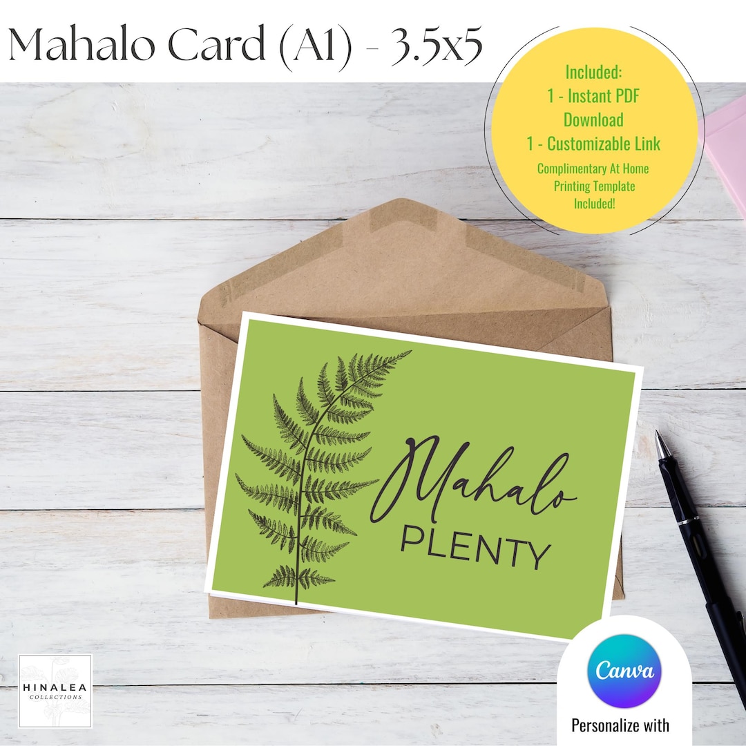 Mahalo Thank You Card: Editable Template (digital Download, 5x3.5in PDF ...