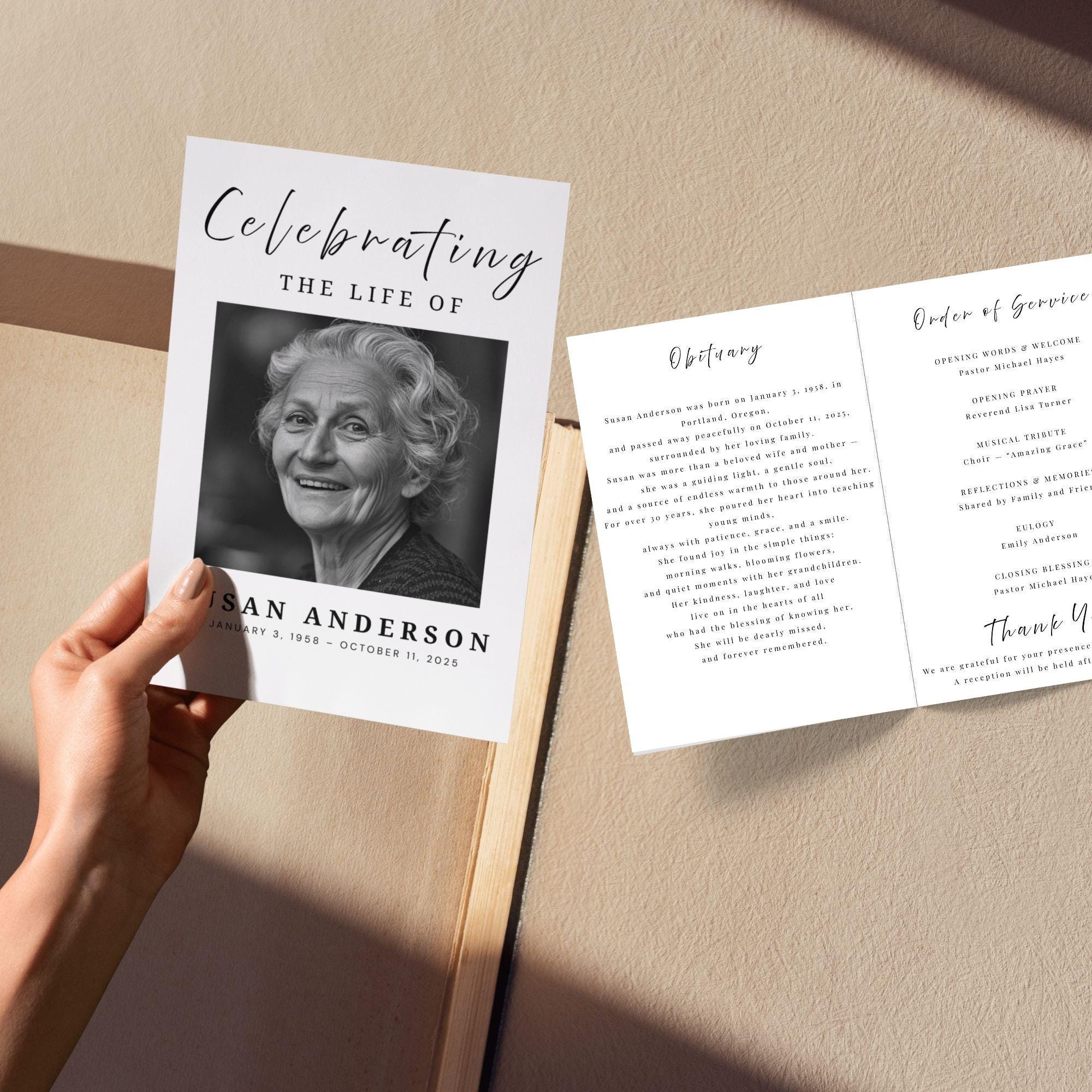Minimalist Funeral Program Canva Template: Foldable Memorial Brochure ...