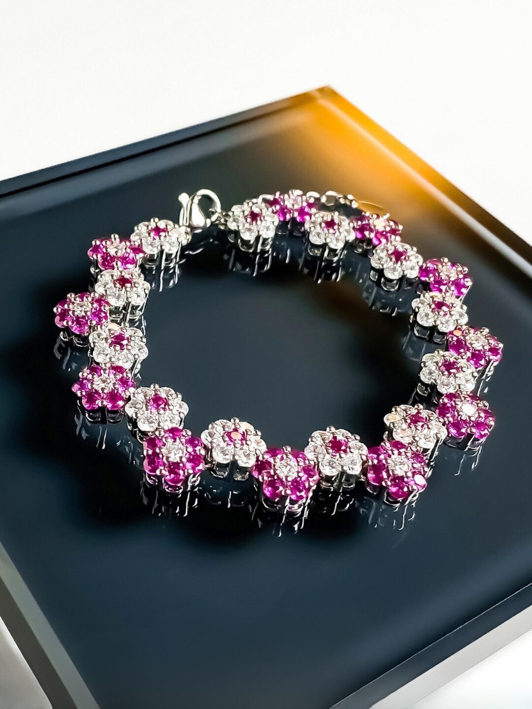 Sakura Blossom Bracelet – Pink Sapphire Bracelet With Pavé Crystals - Etsy