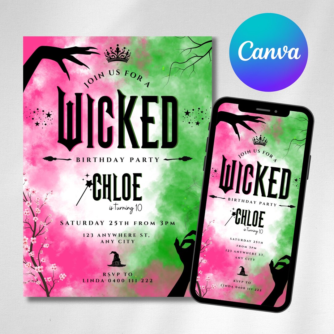 Wicked Birthday Party Invitation, Elphaba & Glinda Theme, Wicked Party ...